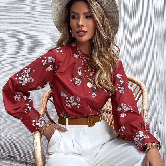 Tops | Boho Red Button Up Floral Print Blouse | Poshmark